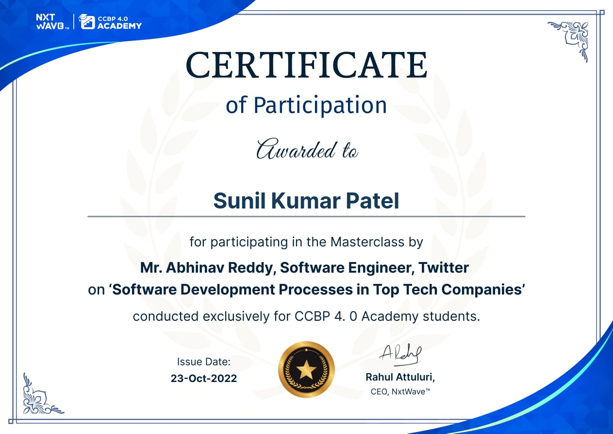 Sunil Patel - Fellow at NxtWave’s CCBP 4.0 Academy |Knows Python, Front End Development | I'm a ...