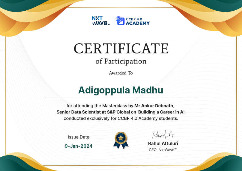 Adigoppula Madhu - Teaching Assistant at NxtWave | Fellow at NxtWave CCBP 4.0 Program | Knows ...