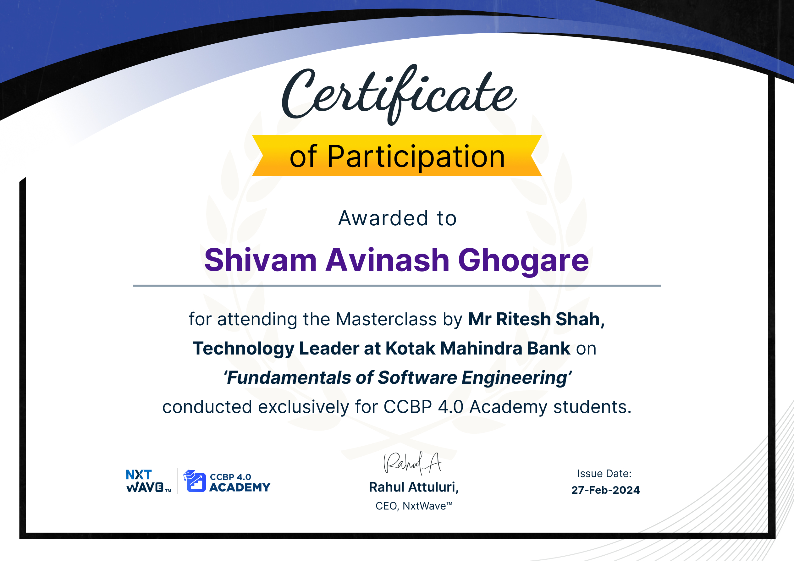 Shivam Ghogare - Fellow at NxtWave’s CCBP 4.0 Academy | Knows Python ...